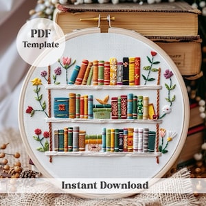 Bookshelf Hand Embroidery Pattern, Book Embroidery, Floral Books, Hand ...