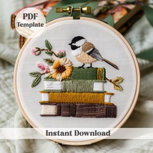 Floral Book Embroidery Pattern, Instant Download, Reading Book Decor ...