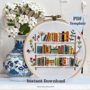 Bookshelf Hand Embroidery Pattern, Book Embroidery, Floral Books, Hand ...