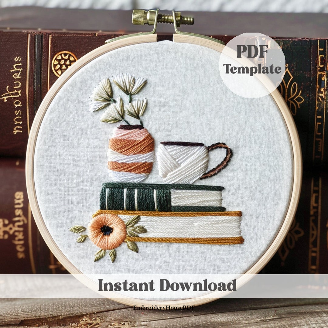 Books and Tea Embroidery Template, Book Lover Gift, Books With Flowers ...