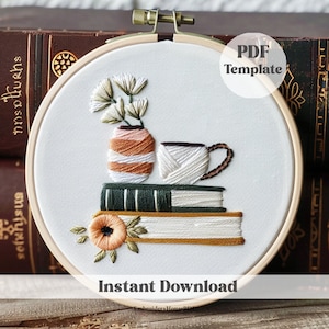 Books and Tea Embroidery Template, Book Lover Gift, Books With Flowers ...