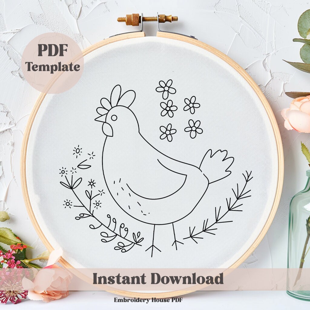 Floral Chicken Embroidery Pattern, PDF Pattern, Hen & Hare, Beginner ...