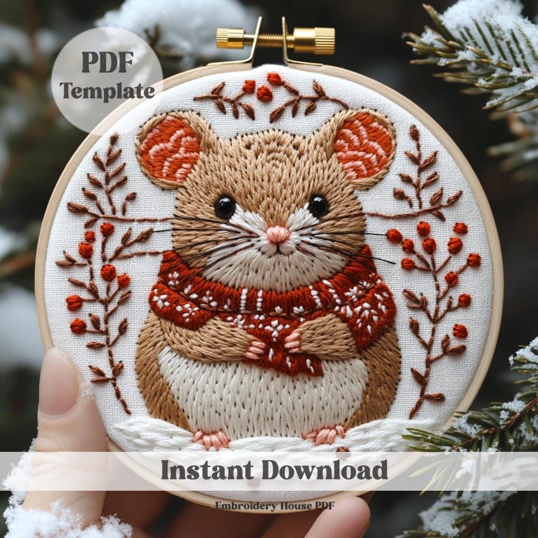 Cute Mouse in Winter Embroidery Pattern, Whimsical Hand Embroidery ...