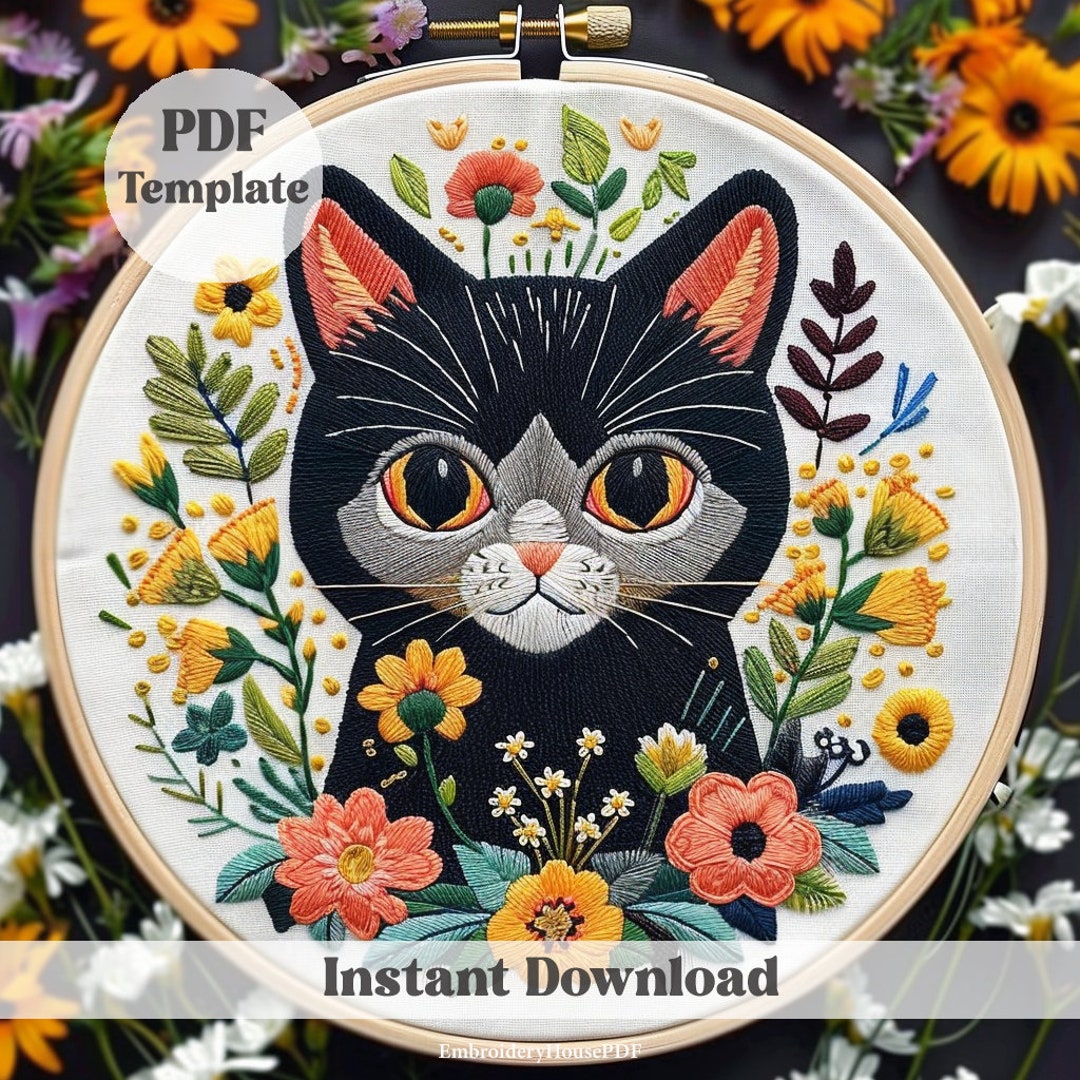 Cat Embroidery Pattern, Cat Embroidery, Kitten Embroidery, Flower Cat ...
