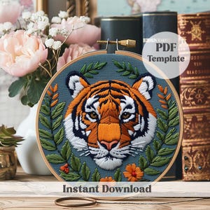 Tiger Floral Hand Embroidery Pattern, Tiger Lover Embroidery Pattern ...