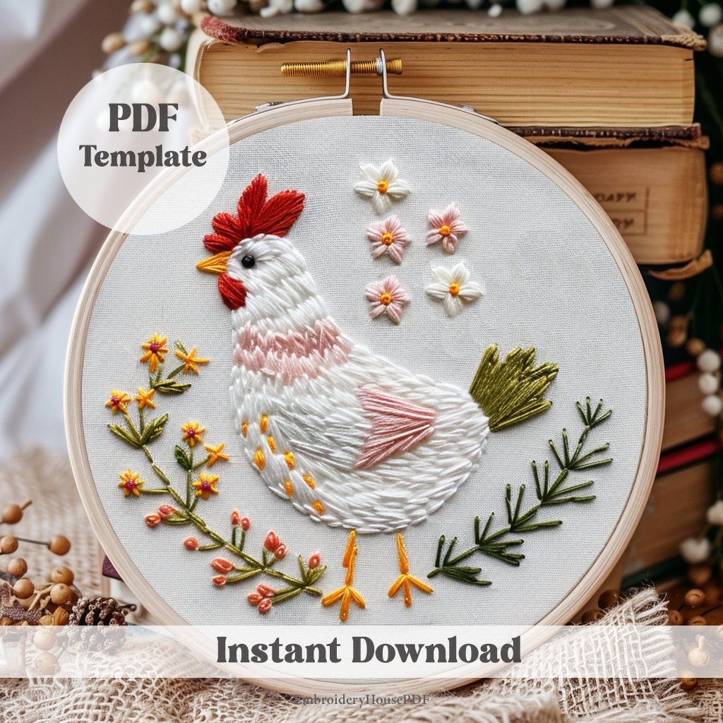 Floral Chicken Embroidery Pattern, PDF Pattern, Hen & Hare, Beginner ...