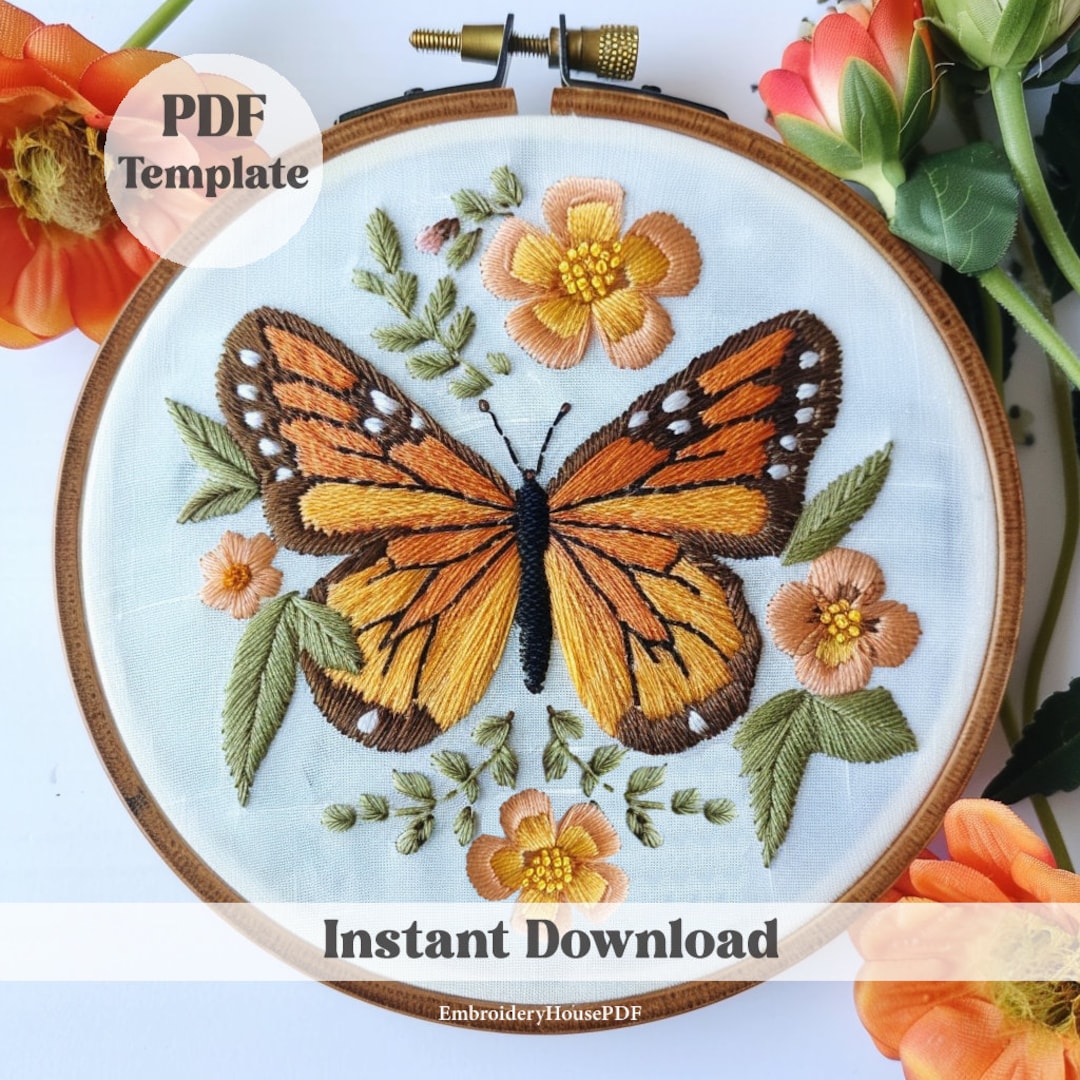 Monarch Embroidery Pattern, Hand Embroidery, Botanical Embroidery ...