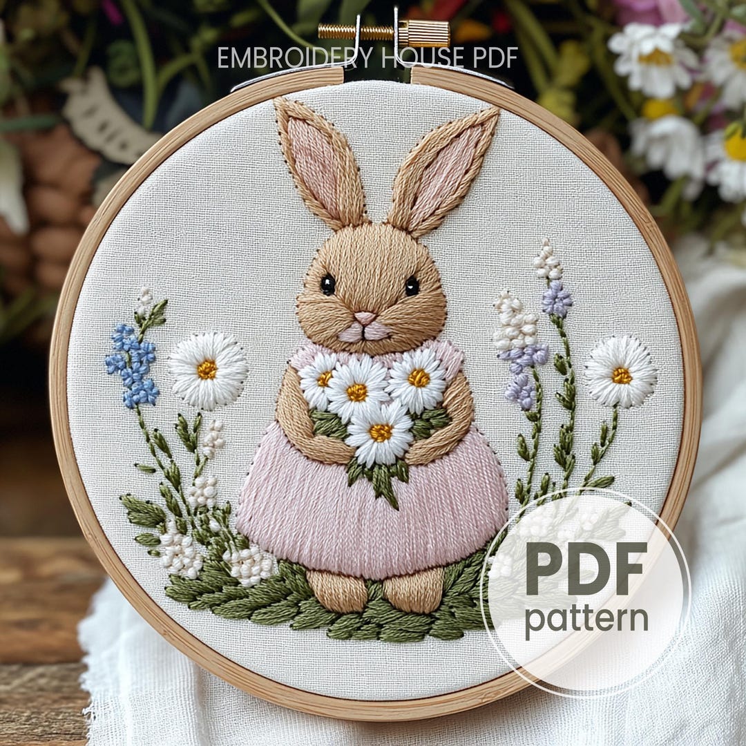 Rabbit Hand Embroidery Pattern, Brown Bunny in Overalls With White ...