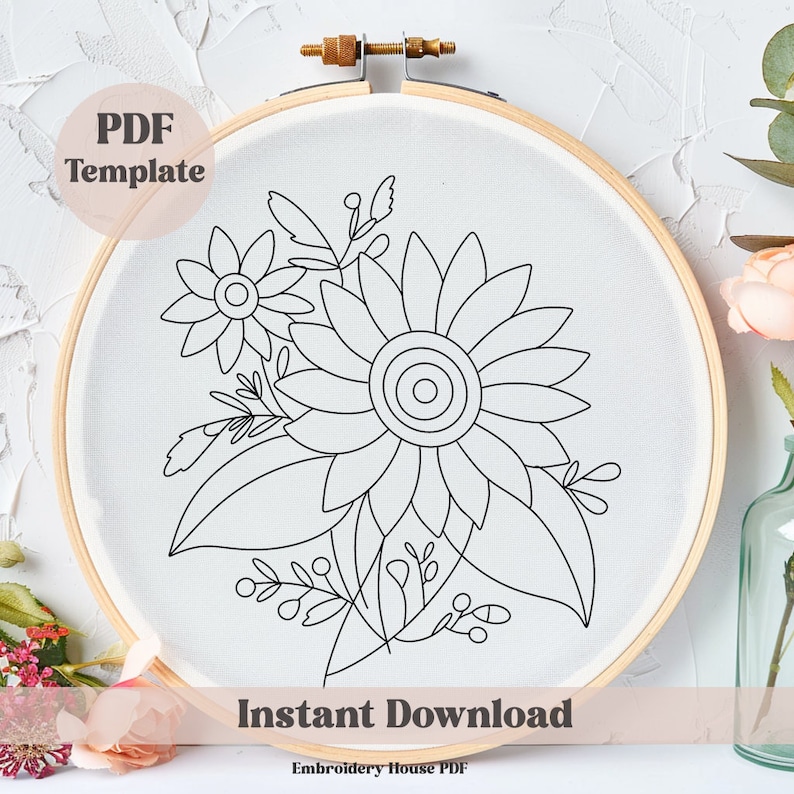 Sunflower Embroidery Pattern, Easy Floral Embroidery Pattern, Beginner ...