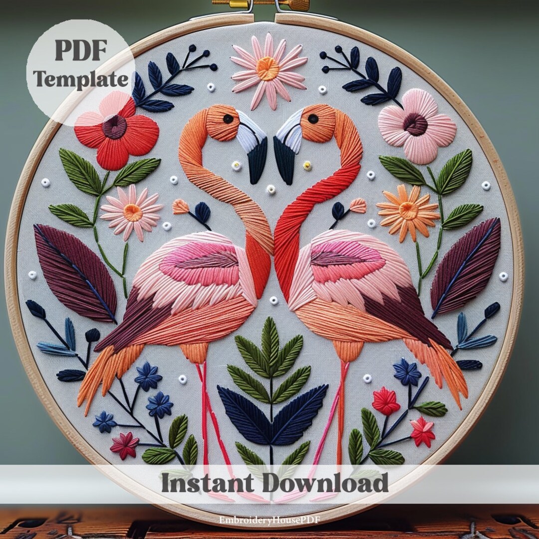Folk Pink Flamingos Hand Embroidery Pattern: DIY Wildlife (PDF Pattern ...