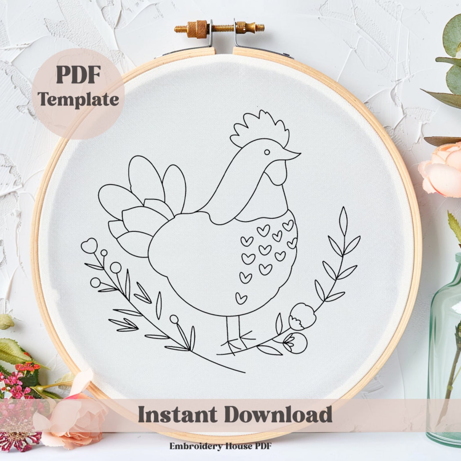 Floral Chicken Embroidery Pattern, PDF Pattern, Hen & Hare, Beginner ...