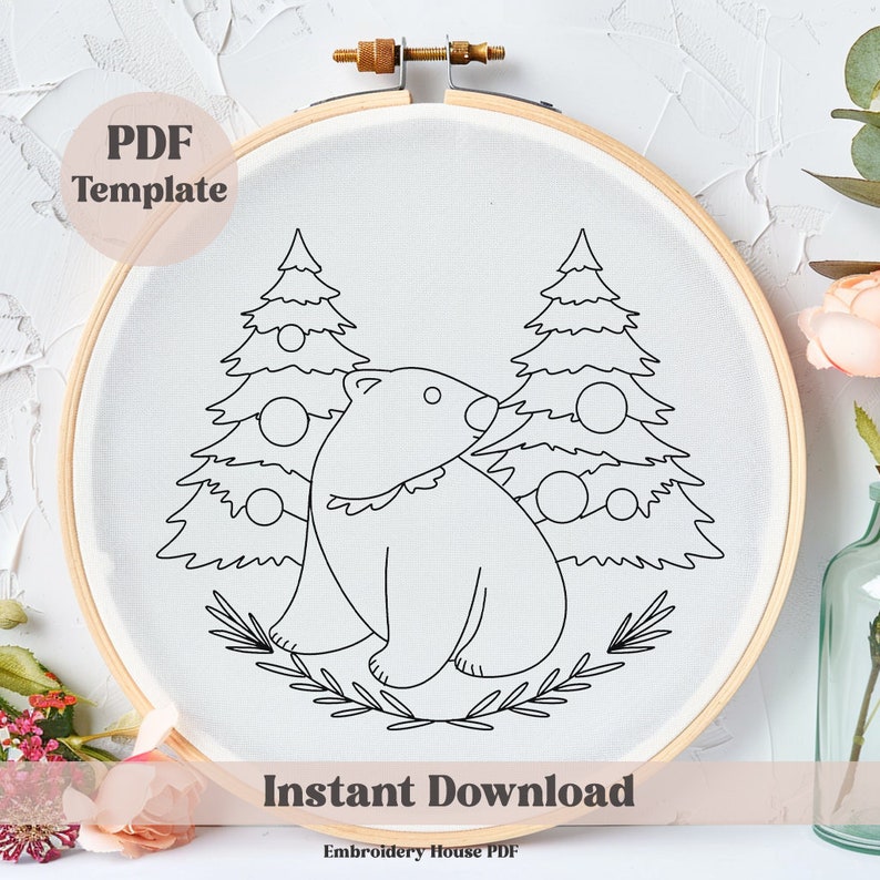 Polar Bear Hand Embroidery Template, Polar Bear Pattern, Winter Bear ...
