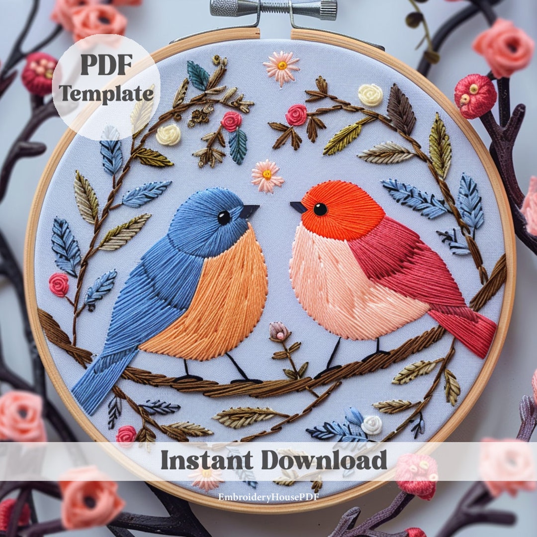 Love Birds Hand Embroidery Template, Bird Embroidery, Floral Birds ...