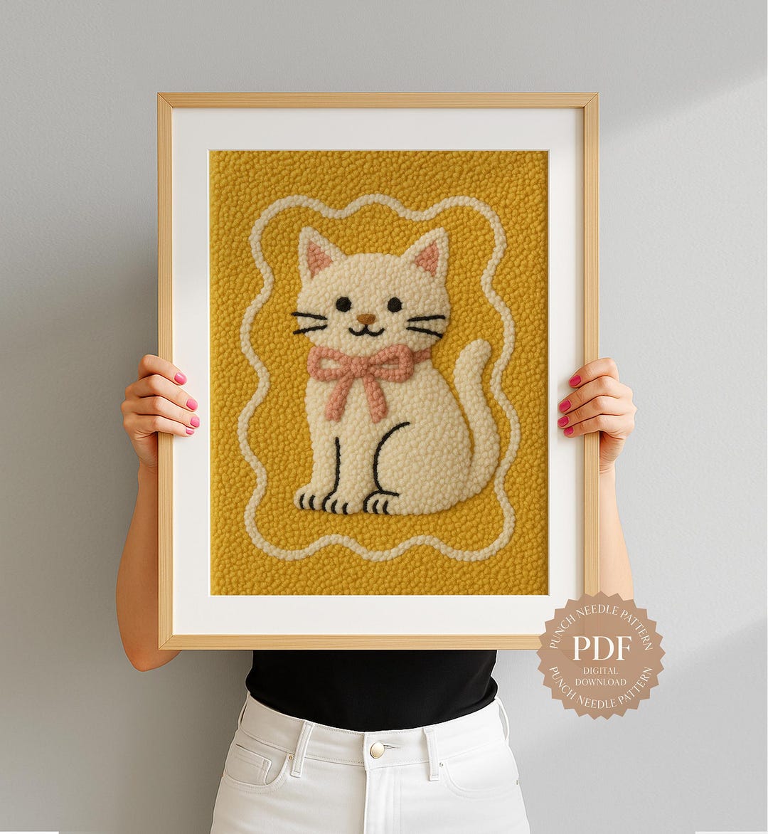 Cat Punch Needle Pattern: Vintage Kitten With Bow, Nursery Decor ...