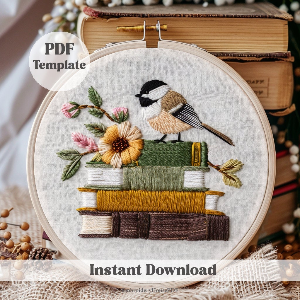 Floral Book Embroidery Pattern, Instant Download, Reading Book Decor ...