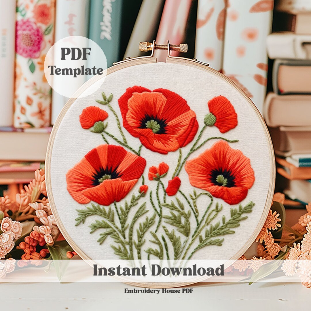 Red Poppies Hand Embroidery Template, Poppy Flower Pattern, Poppies ...