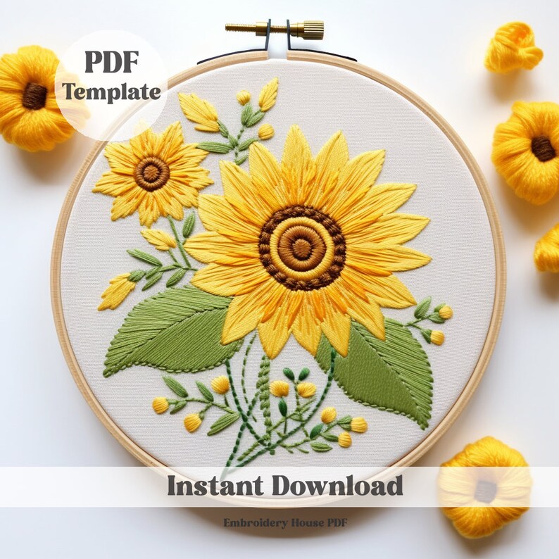 Sunflower Embroidery Pattern, Easy Floral Embroidery Pattern, Beginner ...