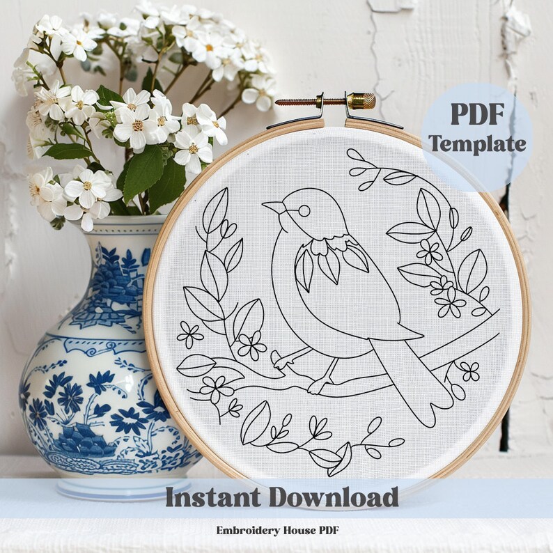Song Bird Hand Embroidery Template, Robin Pattern, Spring Bird ...