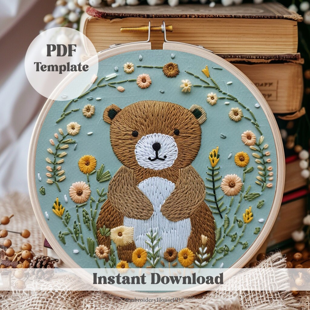 Bear Hand Embroidery Design, Woodland Bear Pattern, Bear Embroidery ...