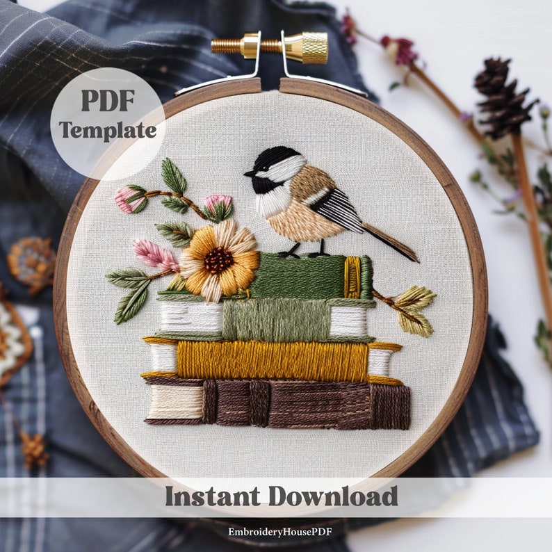Floral Book Embroidery Pattern, Instant Download, Reading Book Decor ...