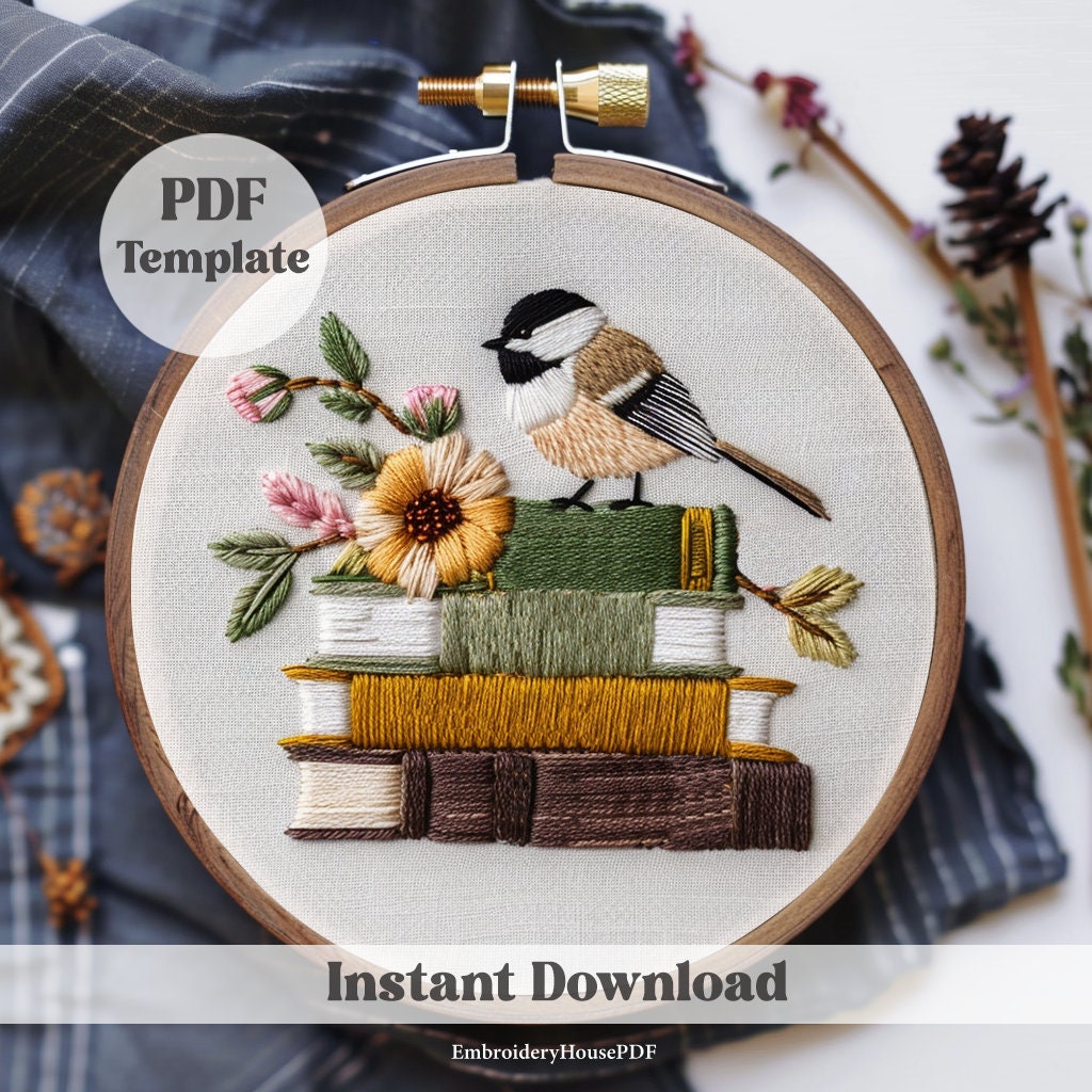 Floral Book Embroidery Pattern, Instant Download, Reading Book Decor ...