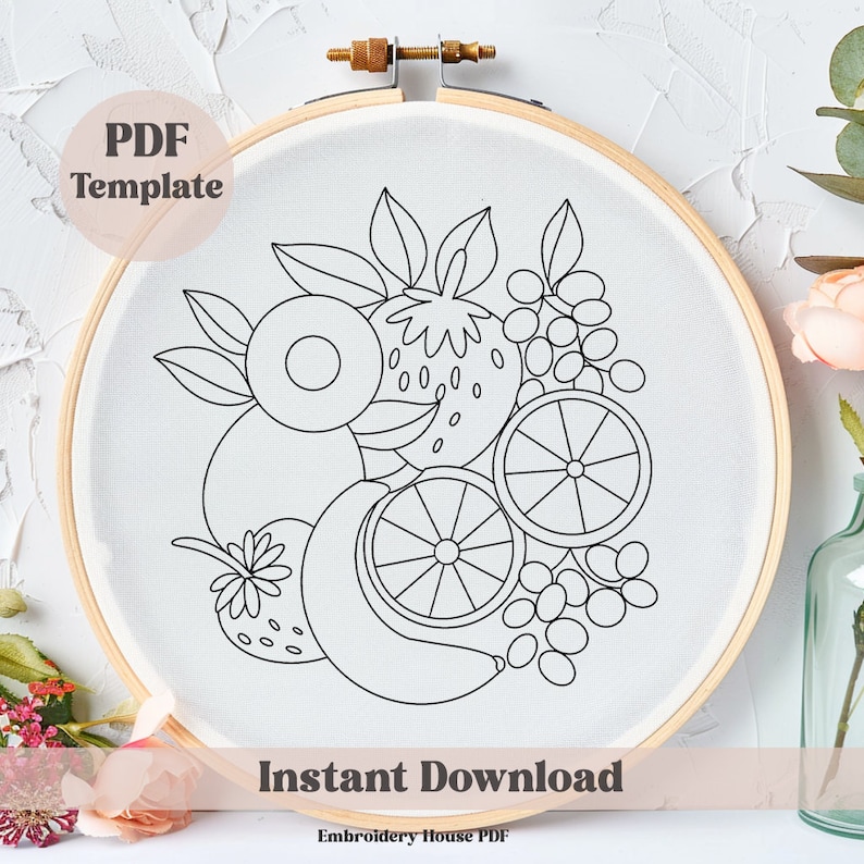 Fruit Bunch Hand Embroidery Pattern, Kitchen Decor, Citrus Embroidery ...