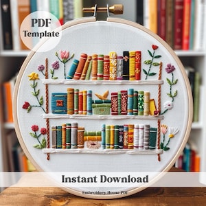 Bookshelf Hand Embroidery Pattern, Book Embroidery, Floral Books, Hand ...