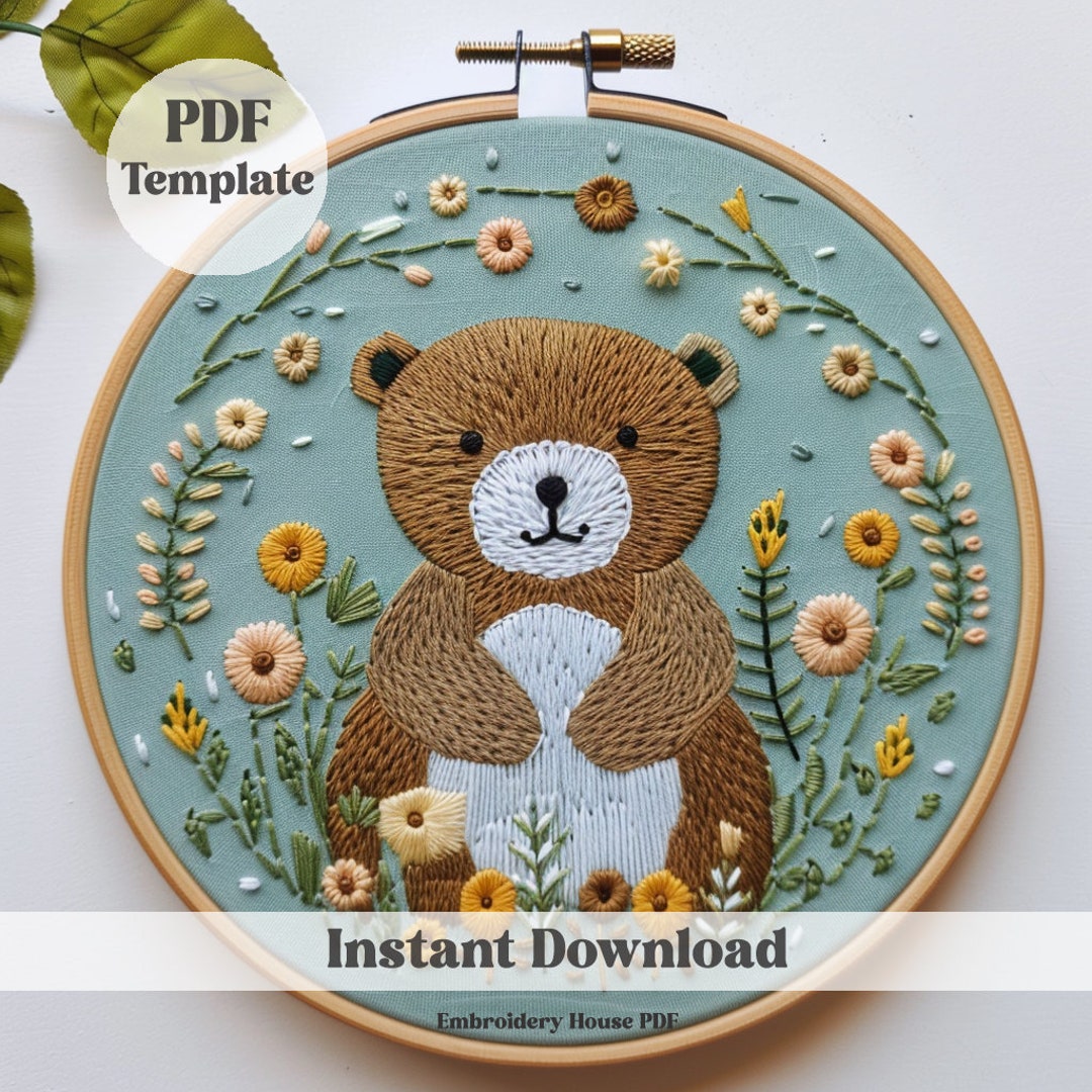 Bear Hand Embroidery Design, Woodland Bear Pattern, Bear Embroidery ...