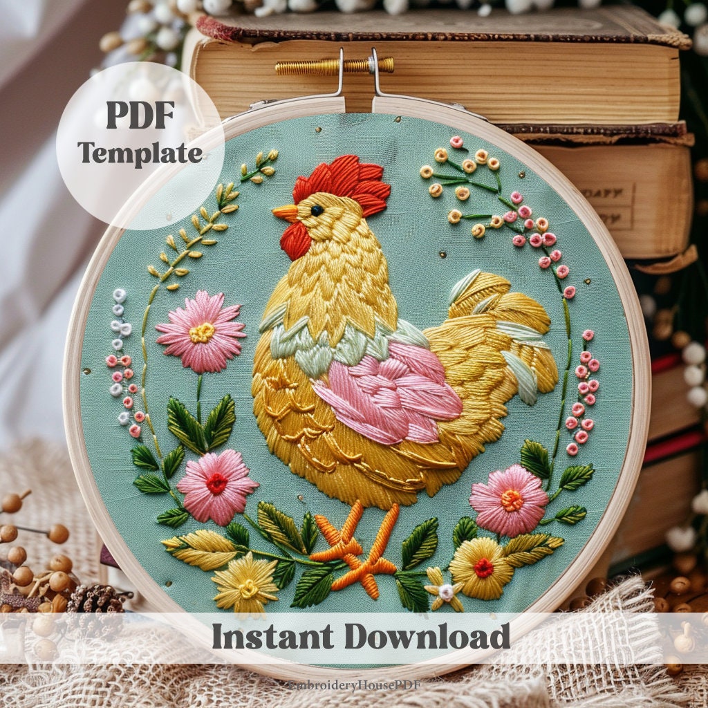 PDF Pattern Rooster, Beginner Embroidery, Embroidery Template, Floral ...