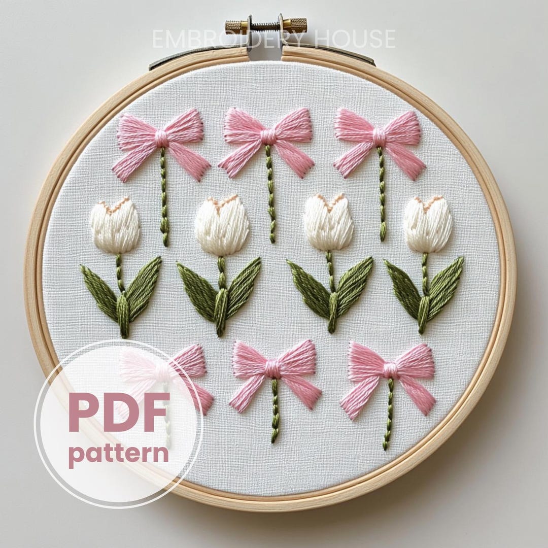 Pink Bows & Tulips Hand Embroidery Pattern: Beginner DIY (PDF Template ...
