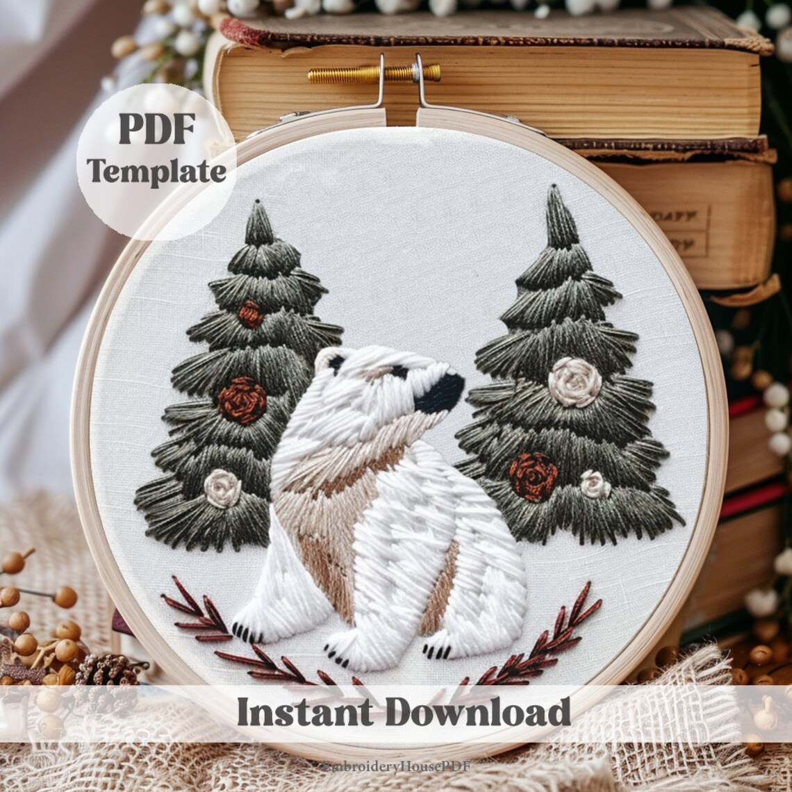 Polar Bear Hand Embroidery Template, Polar Bear Pattern, Winter Bear ...