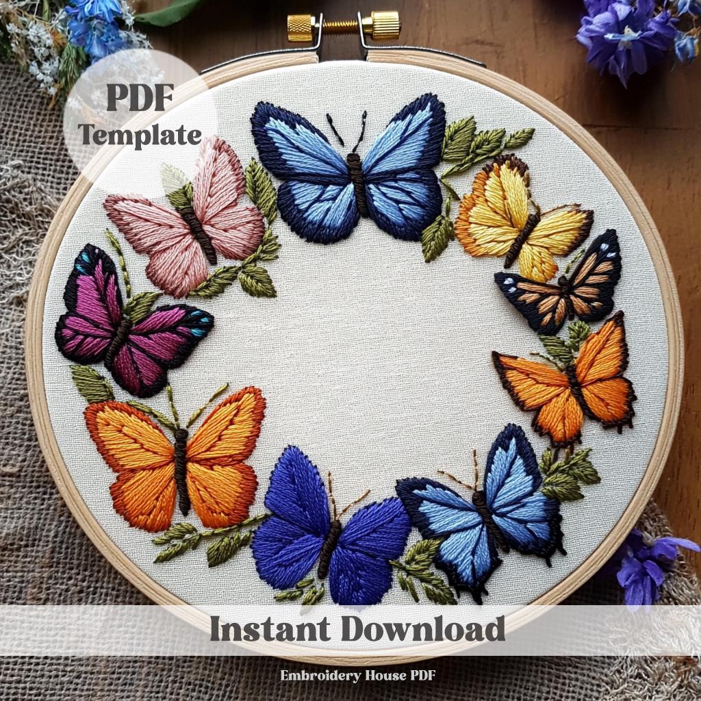 Butterflies Wreath Embroidery Art, Butterflies Embroidery Pattern ...