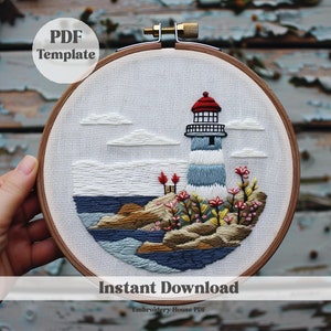 Cloudy Lighthouse Embroidery Pattern, Pdf Pattern, Modern Sea Art, Home ...