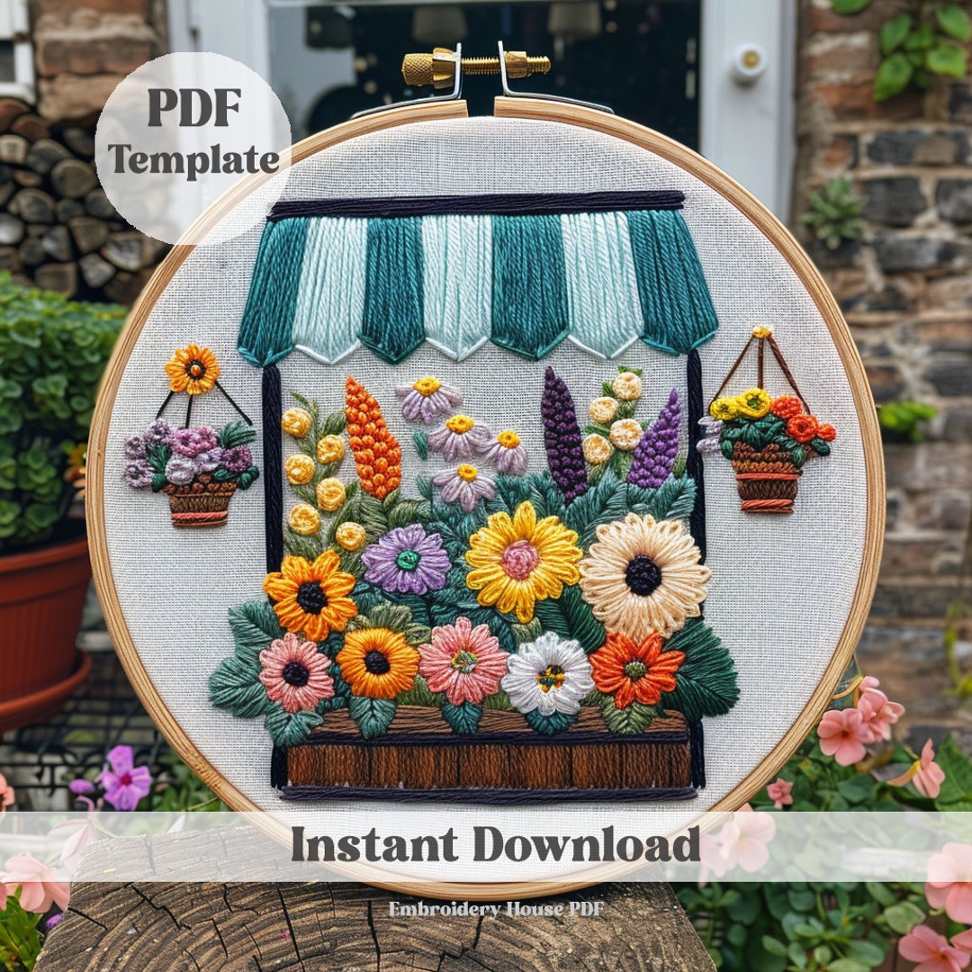 Flower Cart Hand Embroidery Pattern, Botanical Crafts,flower Stand ...