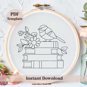 Floral Book Embroidery Pattern, Instant Download, Reading Book Decor ...