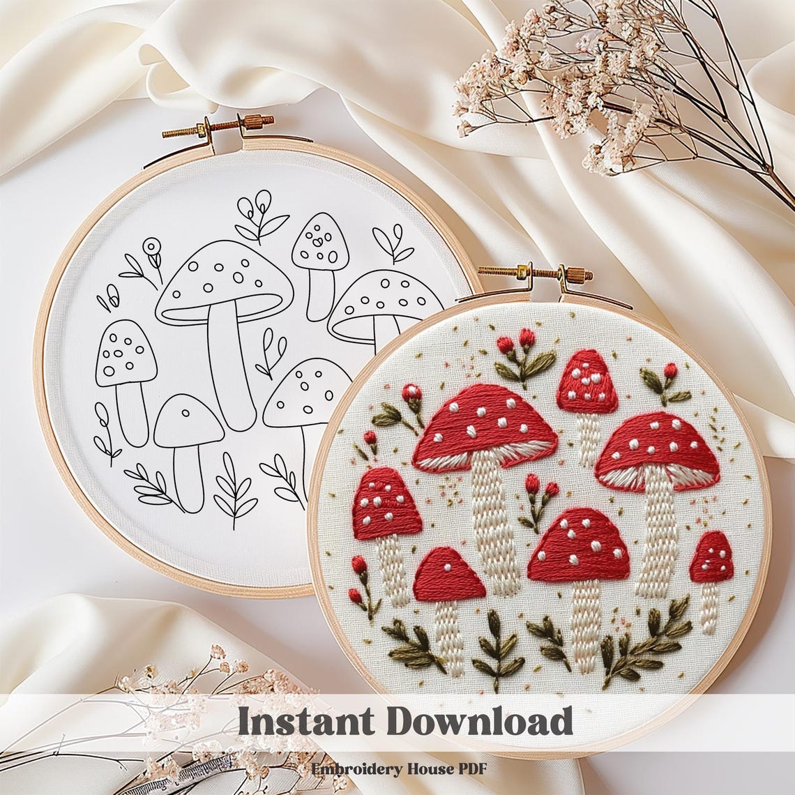 Red Mushrooms Embroidery Pattern, Autumn Embroidery, Instant Download ...