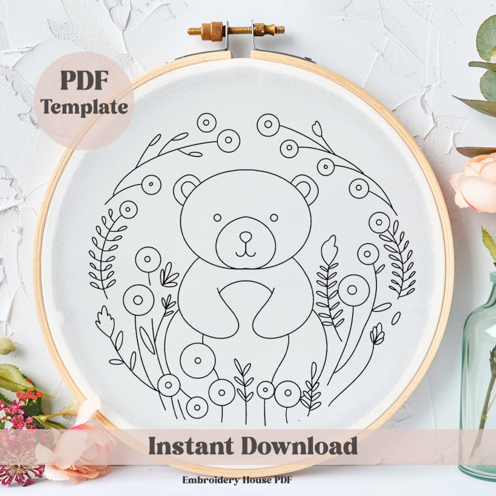 Bear Hand Embroidery Design, Woodland Bear Pattern, Bear Embroidery ...