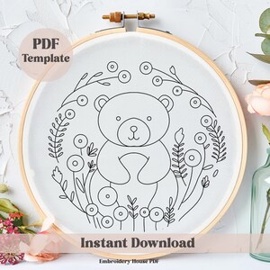 Bear Hand Embroidery Design, Woodland Bear Pattern, Bear Embroidery ...