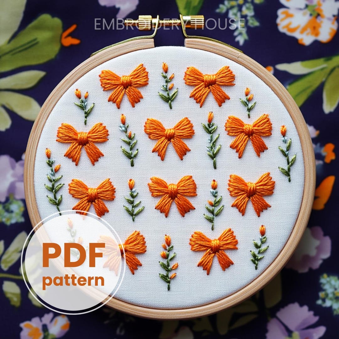 Orange Bows Hand Stitch, Spring Embroidery, Easter Bows Embroidery ...