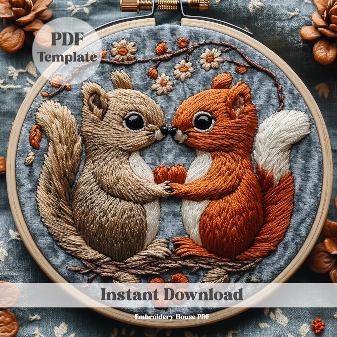 Squirrels Hand Embroidery Pattern: Woodland Animal Design (PDF Template ...
