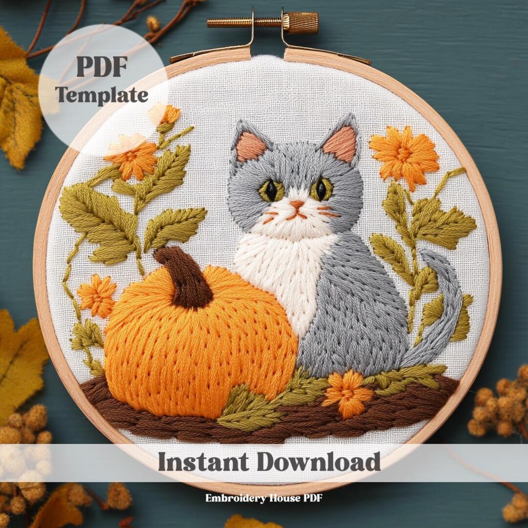 Halloween Cat Embroidery Pattern, PDF Pattern, Halloween Embroidery ...