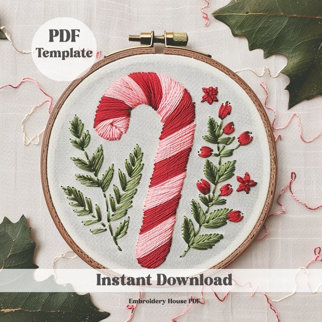 Candy Cane Hand Embroidery, Digital Download, Christmas Embroidery ...