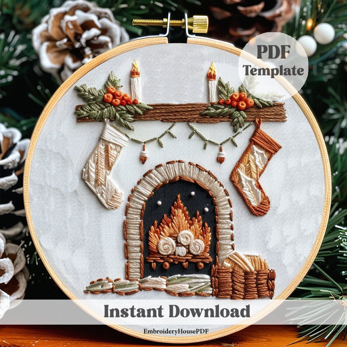 Christmas Fireplace Embroidery Pattern, Festive Fireplace, Christmas ...