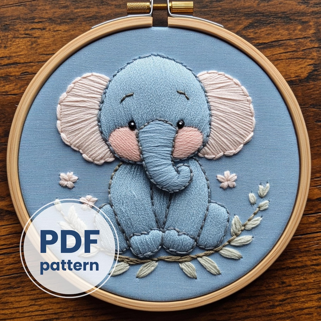 Baby Elephant Hand Embroidery, PDF Pattern, PDF Template, Birthday Gift ...