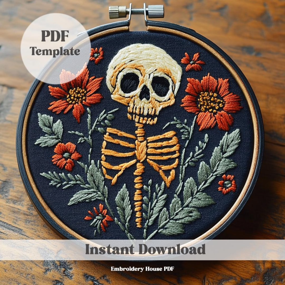 Spooky Skeleton Hand Embroidery Pattern, DIY Skeleton Embroidery ...
