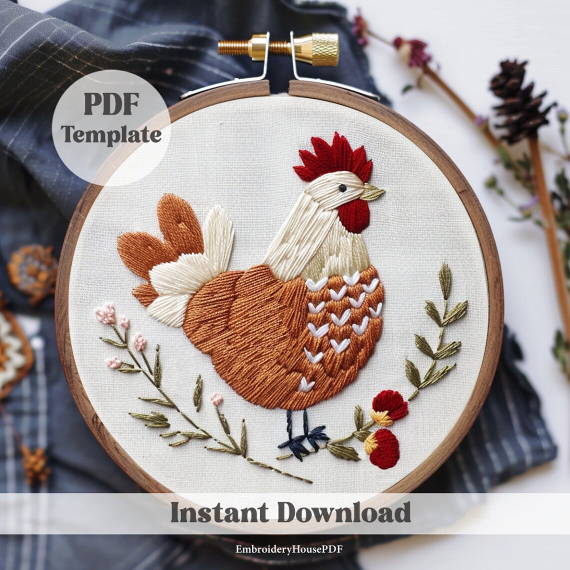 Floral Chicken Embroidery Pattern, PDF Pattern, Hen & Hare, Beginner ...