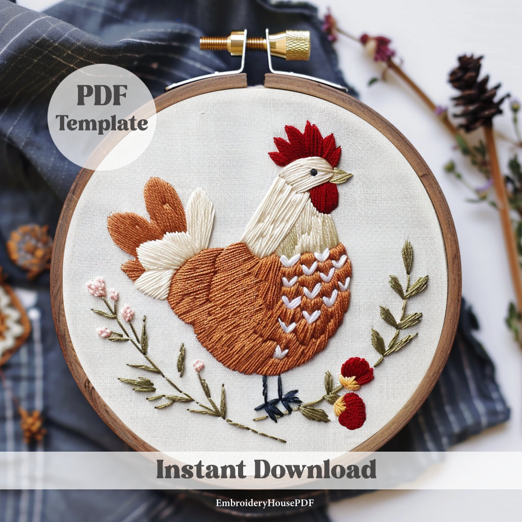 Floral Chicken Embroidery Pattern, PDF Pattern, Hen & Hare, Beginner ...