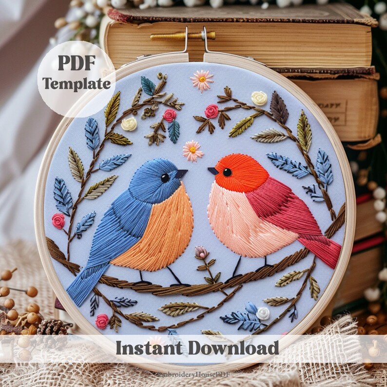 Love Birds Hand Embroidery Template, Bird Embroidery, Floral Birds ...