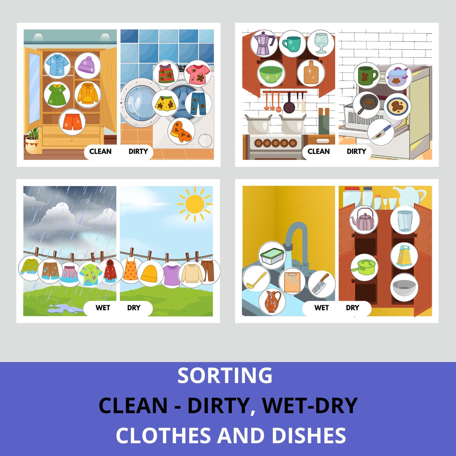 Opposites Sorting Game & Life Skills | Clean Vs Dirty, Wet Vs Dry ...