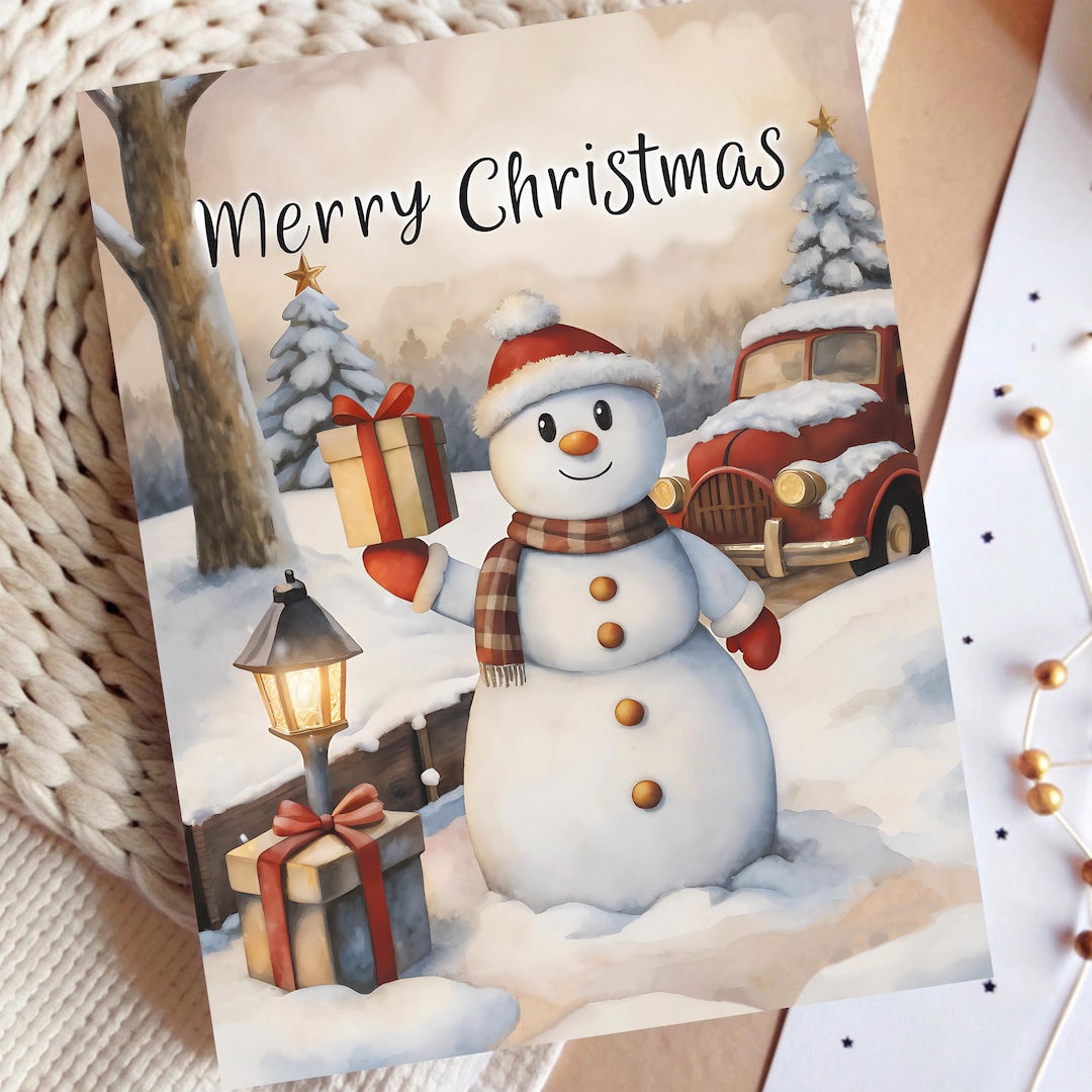 Cute Rustic Snowman Card Printable Christmas Greeting. Instant Digital ...